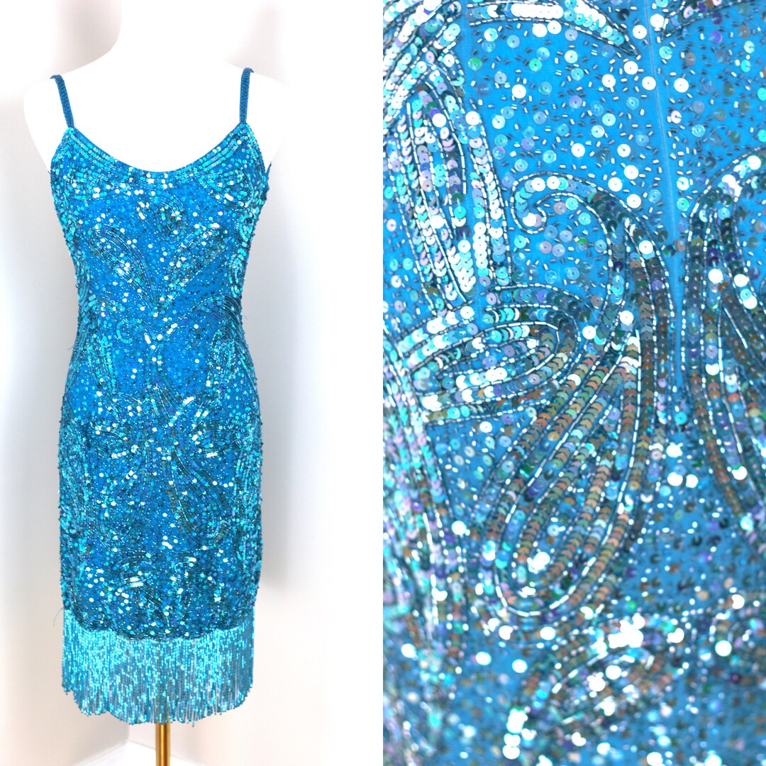 Sz P// Vintage Lillie Rubin Sequin Blue Dress// Stunning Beads and ...