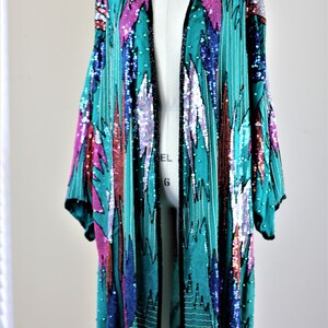 Sz L// Amazing Long Turquoise Duster// Beaded Sequined Judith Ann - Etsy