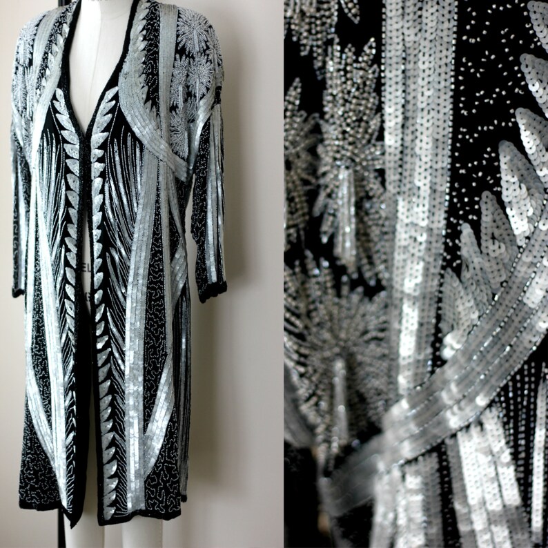 One Size// Deco Stunning Vtg Silver Beaded Sequined Duster// - Etsy