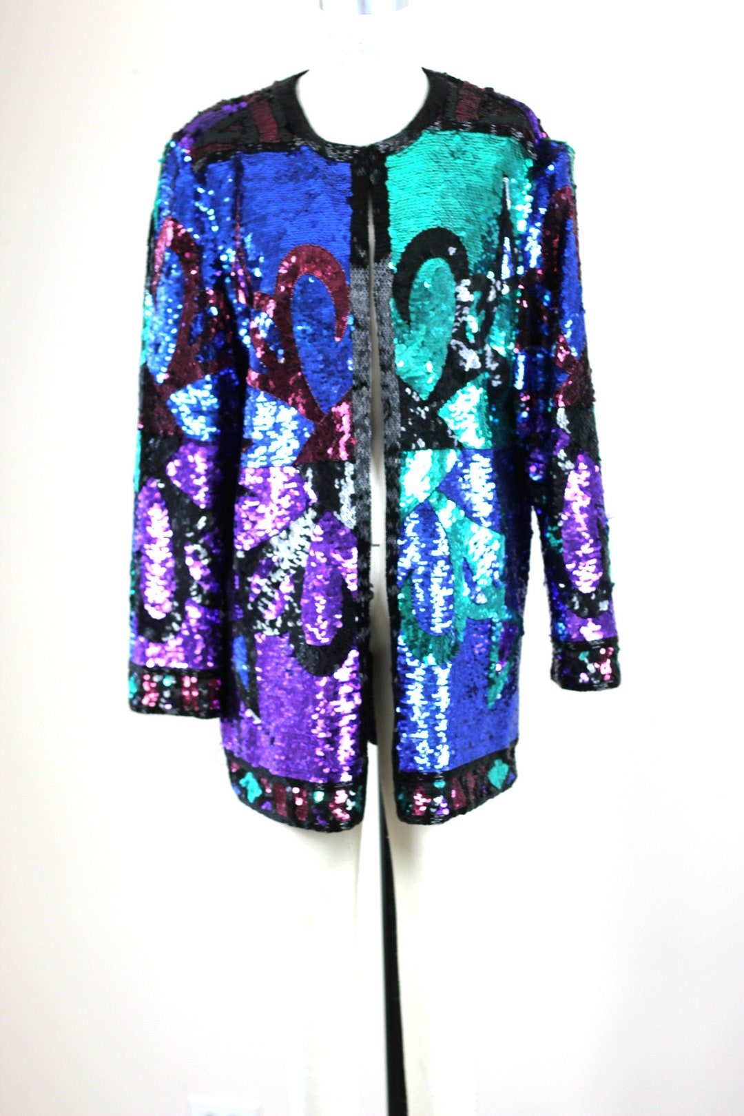 Sz Xl//black Tie Vintage Sequin Beaded Long Jacket// Hearts and Jeweled ...