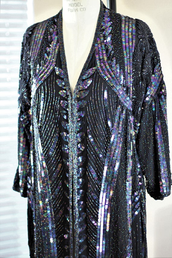 Sz L//Long Black Sequin Beaded duster// Iridescent Co… - Gem