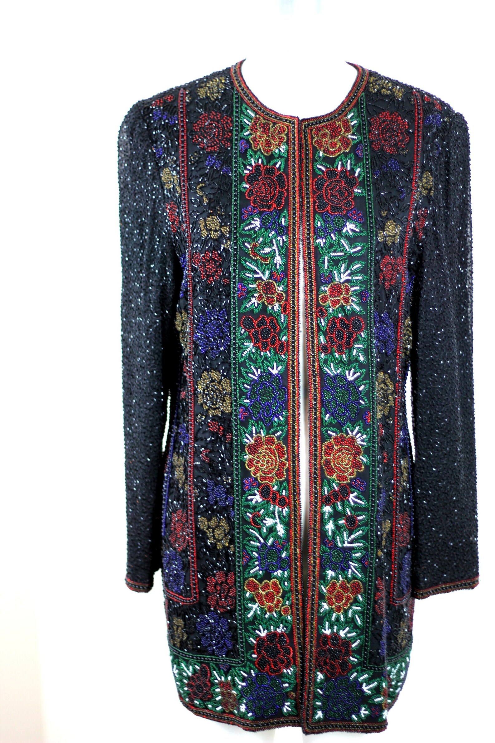 Sz S//long Beaded Jacket// Judith Ann Creations Duster// Roses Sequin ...