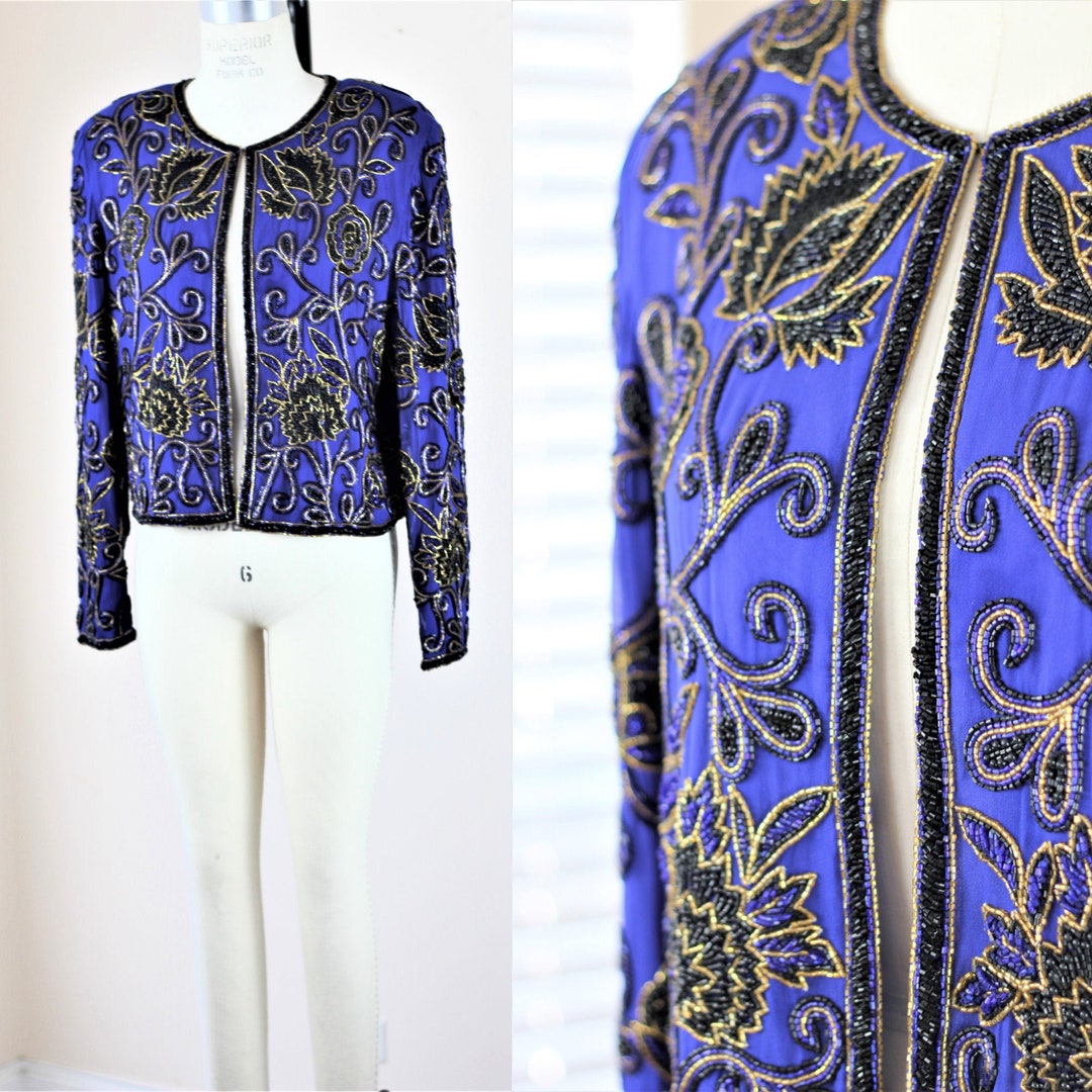 Sz M//della Roufogali Royal Blue Beaded Silk Bolero//beautifully Beaded ...