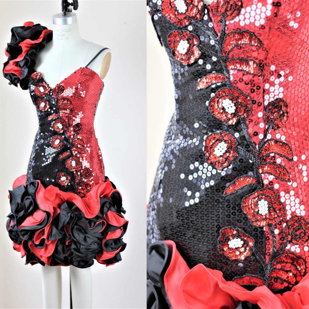 Sz S// Vintage 80s Red Ruffle Sequin Dress// Party Flamenco - Etsy