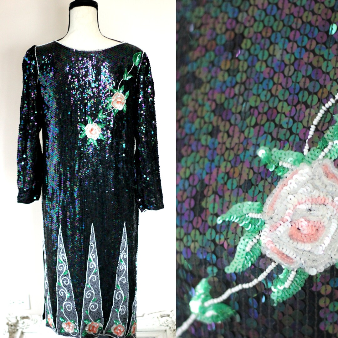 Sz M//vintage Flapper Style Dress //sequin Rose Detail//iridescent ...