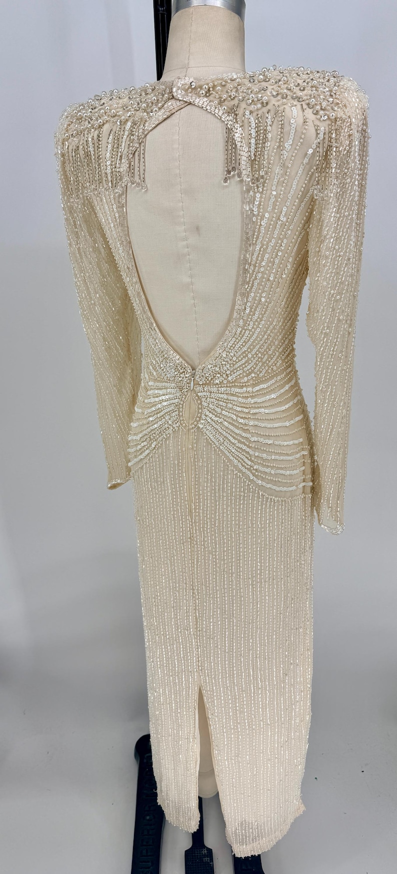 Sz 12//vintage White Beaded Gown//silver Sequin Art Deco Dress With ...
