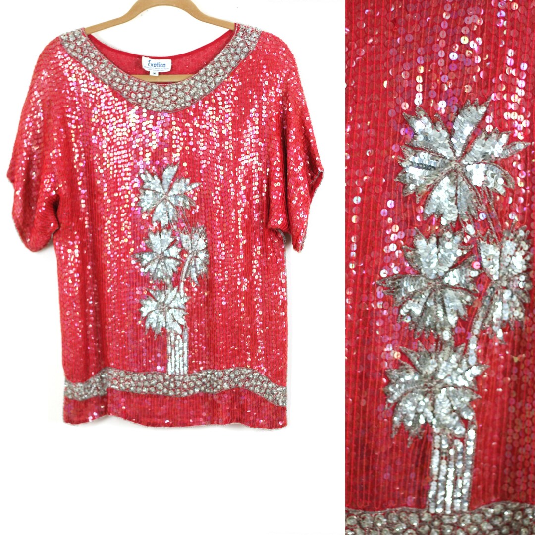 Sz M//vintage Sequin Red Party Top//silver Beaded Silk Short Sleeve Top ...