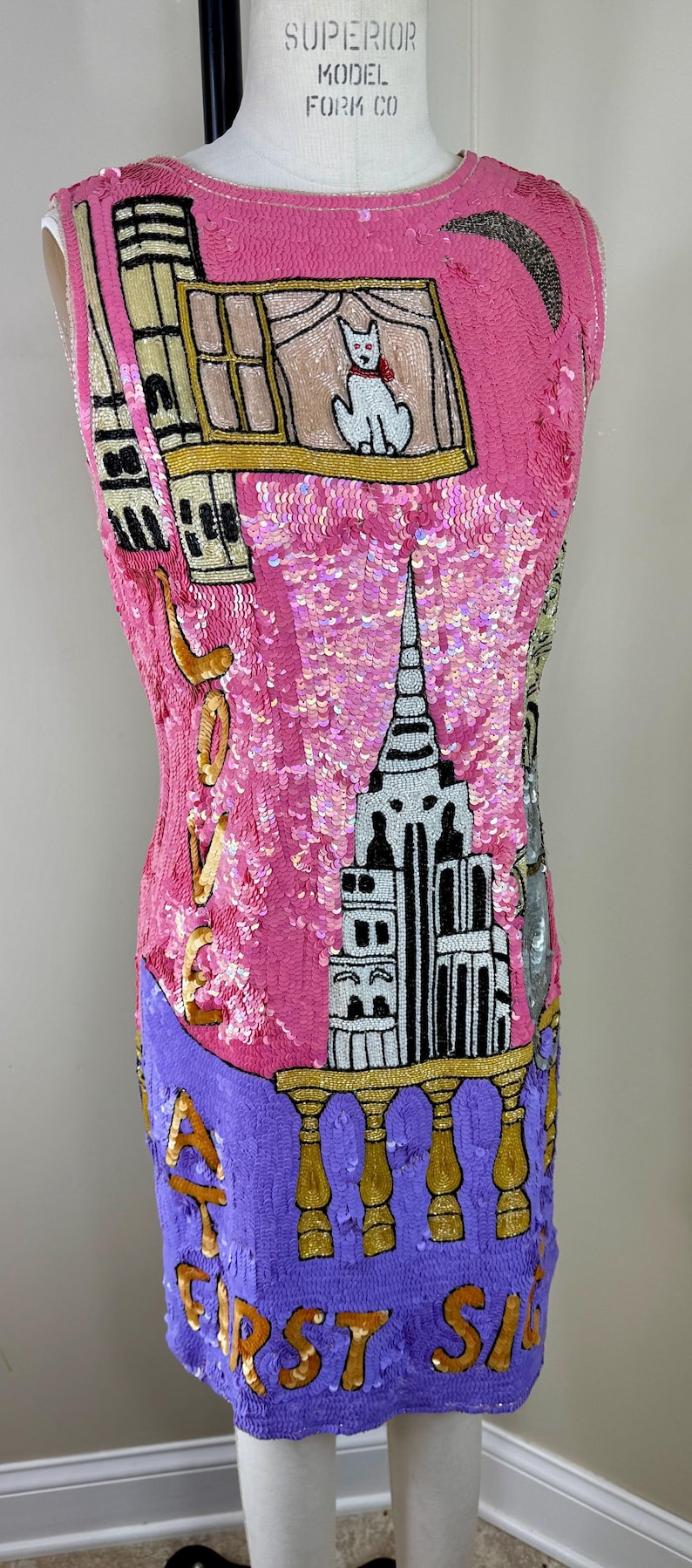 Size M//rare Vintage Sequined NYC Landmark Dress With Cat Design ...
