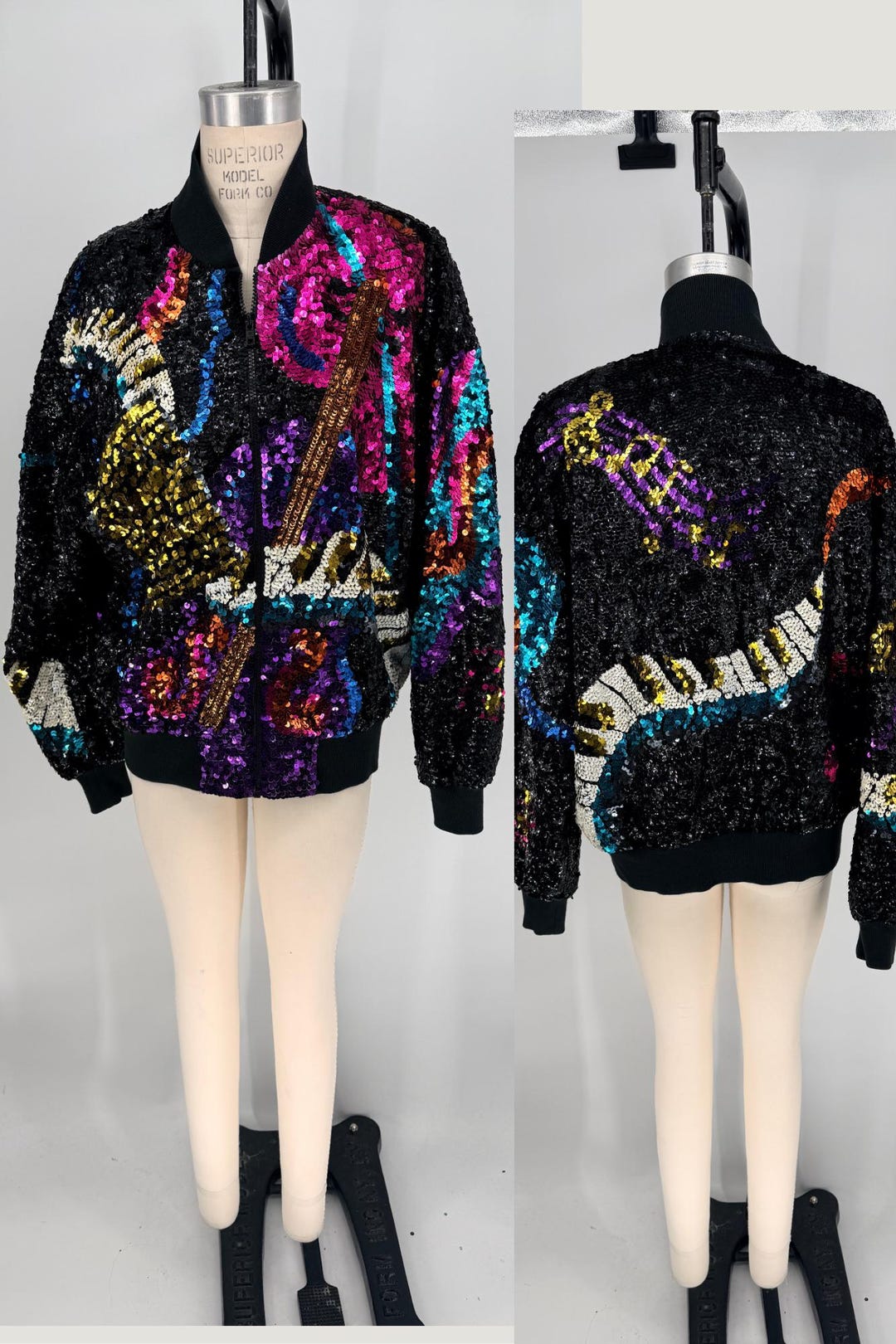 Sz 8//electric 80s Sequin Music Jacket//guitar + Piano Motif Bomber ...