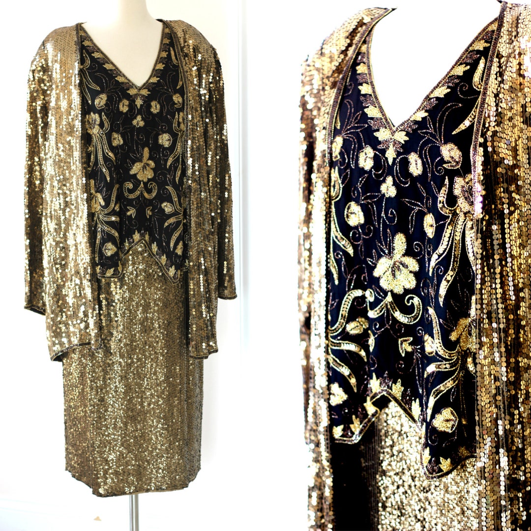 Plus Size 1X//STUNNING 3pc Gold Sequin Suit// Long Gold Jacket// Beaded ...