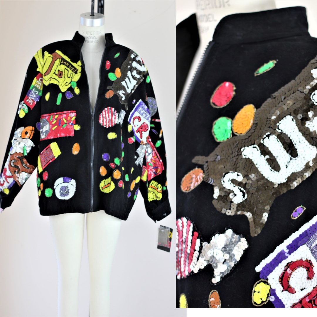 Sz L//M&M Candy Jacket// Sequin Beaded Denim Modi// Deadstock LIKE NEW ...