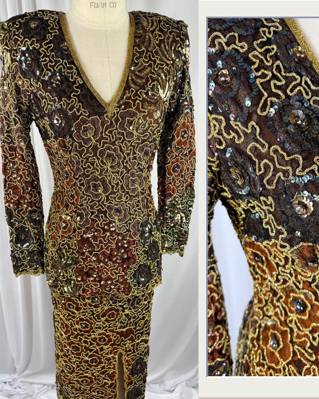 Size Xs//glamorous Vintage Judith Ann Brown Gold Sequin & Beaded Two ...