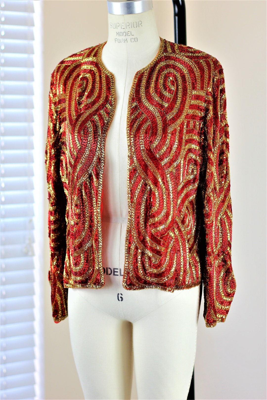 Sz M// HEAVILY Beaded Red Gold Jacket//vtg Victoria Royal Ltd Silk ...