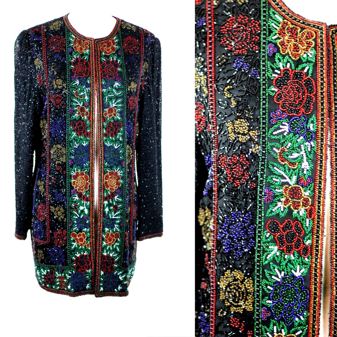 Sz S//long Beaded Jacket// Judith Ann Creations Duster// Roses Sequin ...