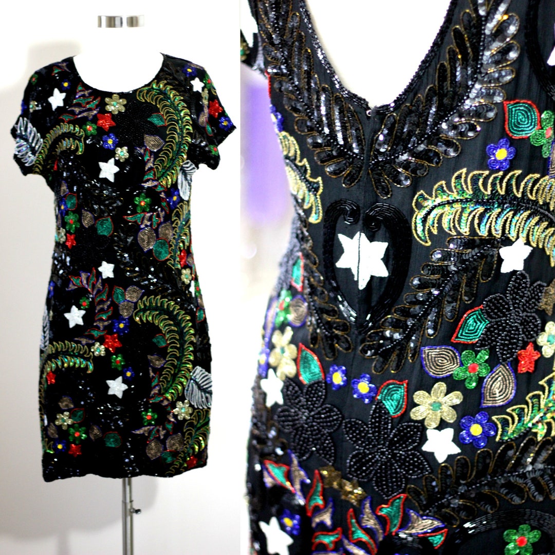 Sz M//beaded Embellished Dress// Sequin Silk Colorful Holiday - Etsy