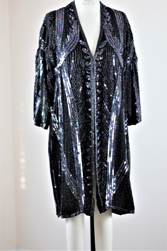 Sz L//Long Black Sequin Beaded duster// Iridescent Co… - Gem