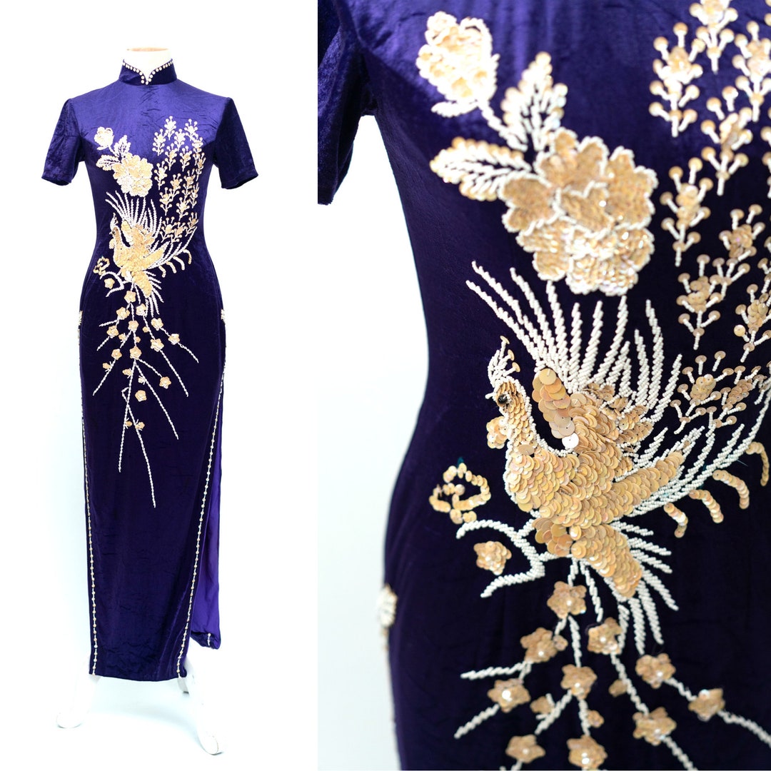 Sz S// Vintage Purple Rooster Cheongsam Beaded// Sequin Velvet - Etsy