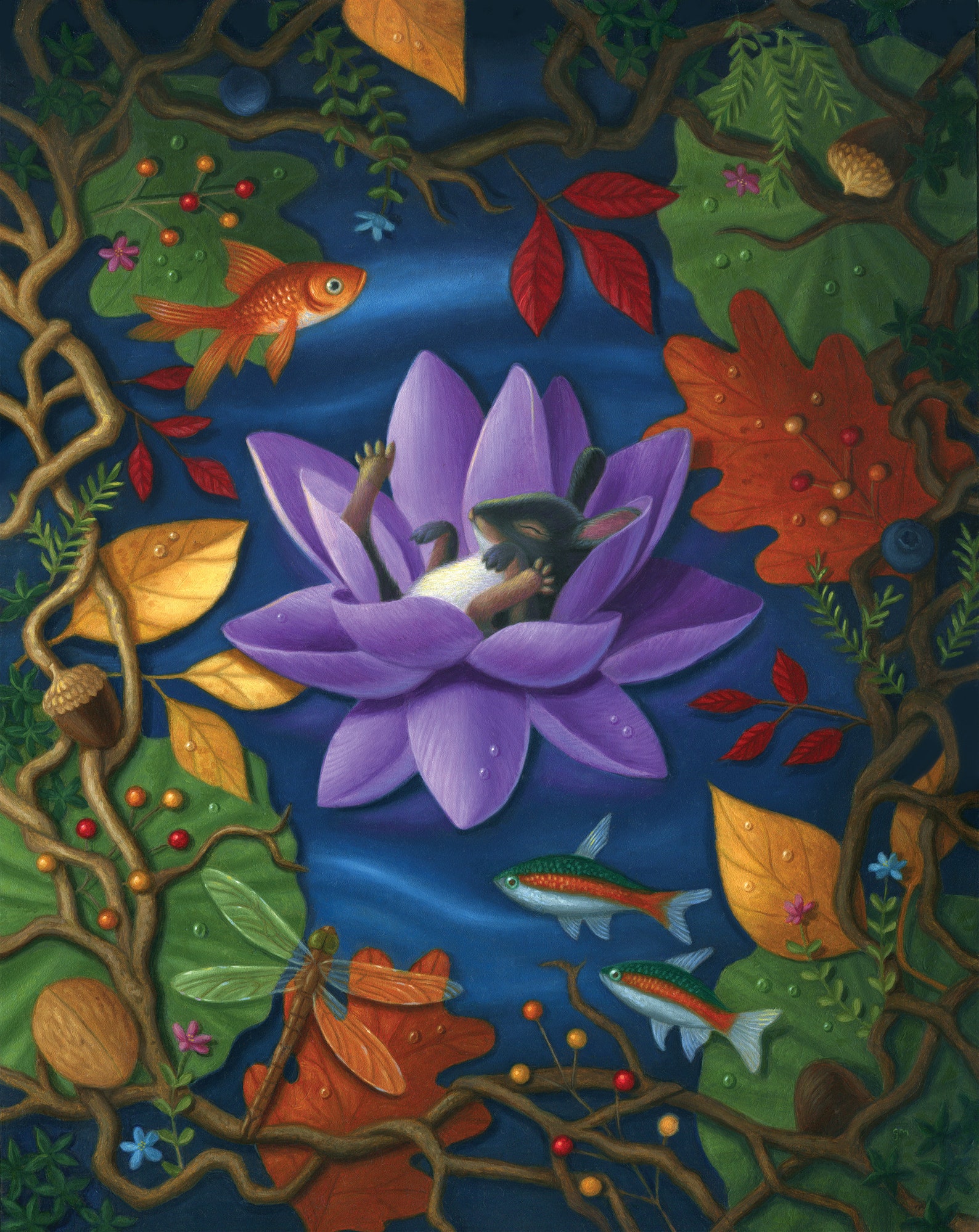 Rabbit Sleeping Lotus Nature Illustration Art Print - Etsy