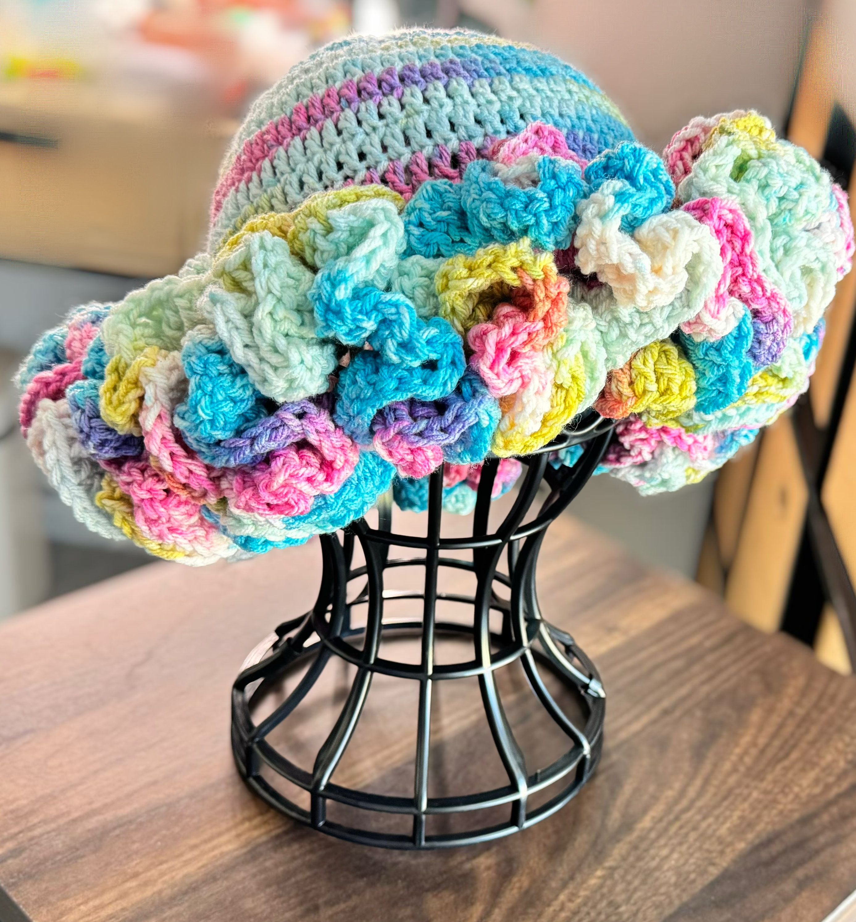 Multi-colored Crochet Ruffle Hat Ruffle Beanie Ruffle Hat Crochet Hat ...