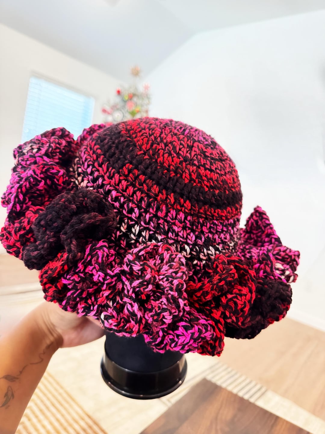Multi-colored Crochet Ruffle Hat Ruffle Beanie Ruffle Hat Crochet Hat ...