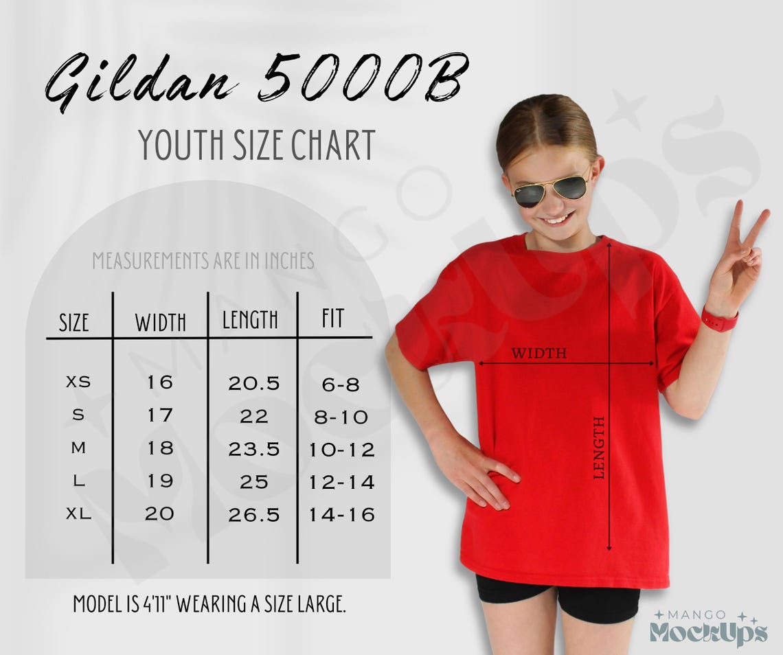 Gildan 5000B Size Chart | Youth Gildan 5000 Size Chart | Kids Gildan 5000 Size Chart | Youth ...