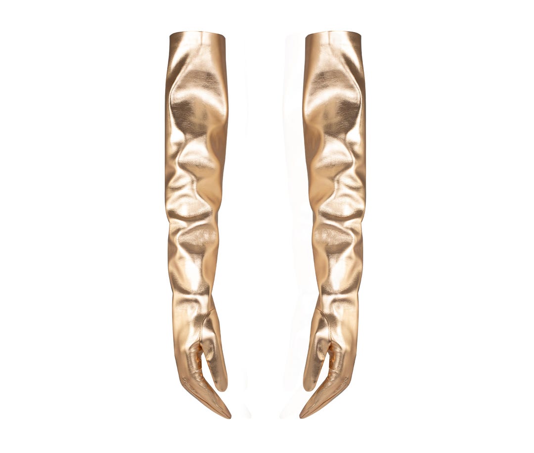 Golden Faux Leather Gloves, Long Gloves for Party, Statement Gloves ...