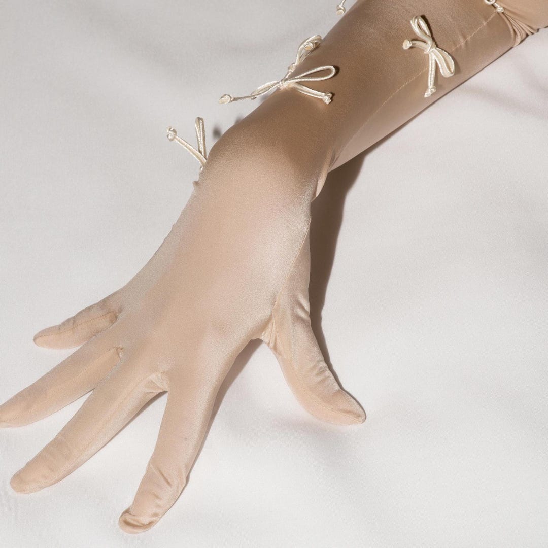 Beige Long Gloves, Neutral Gloves With Bows, Elegant Gloves, One Size ...