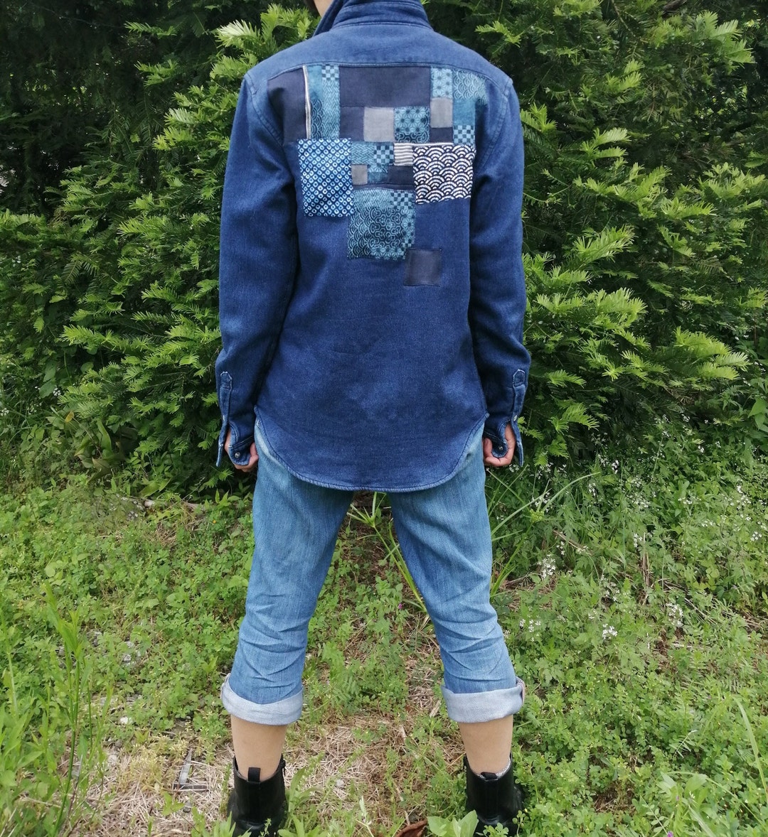 Vintage Japanese Boro Style Indigo Shirt With Kimono Fabric Patchworks ...