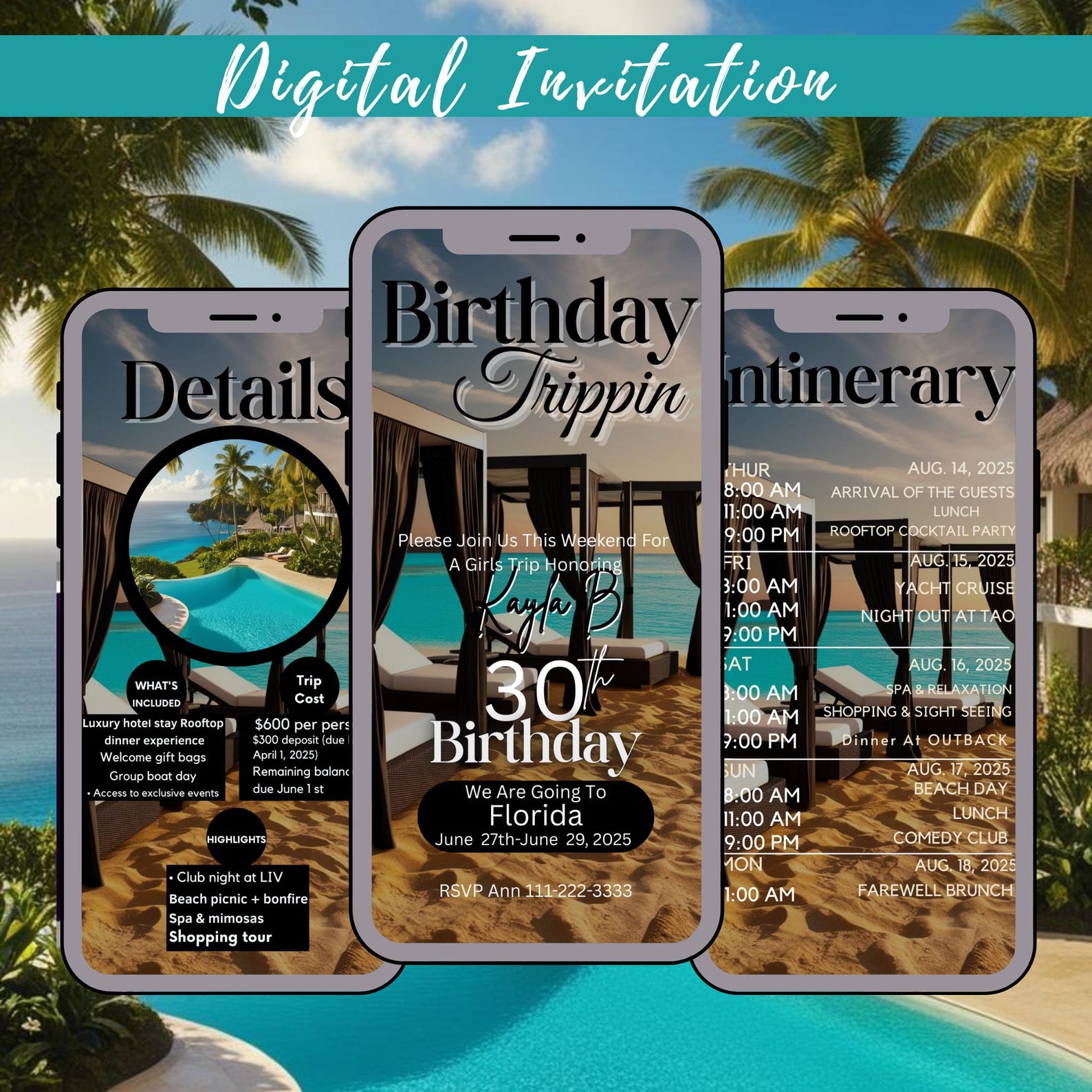 Birthday Trip Invitation Digital | Girls Getaway Invite With Itinerary ...