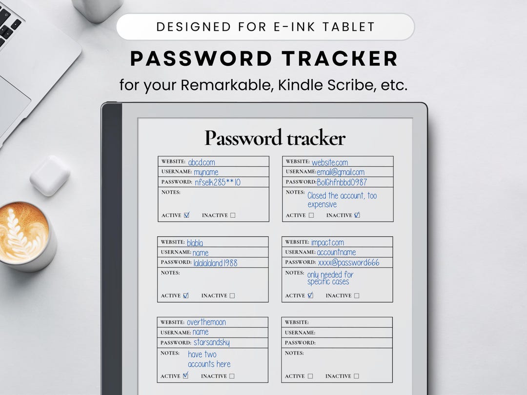 Password Tracker for E-ink Tablet Like Remarkable, Paper Pro, Kindle ...