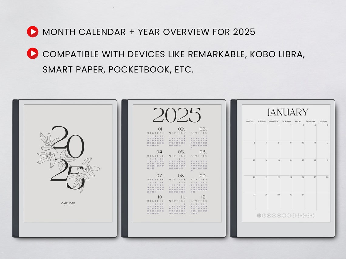 2025 Calendar Template for E-ink Tablet, Monthly Calendar, Paper Tablet ...