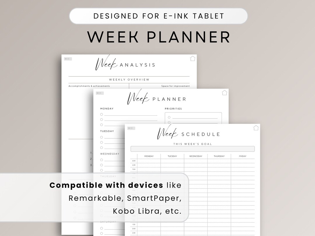 Week Planner for E-ink Tablets, Weekly Schedule, Weekly Planner ...