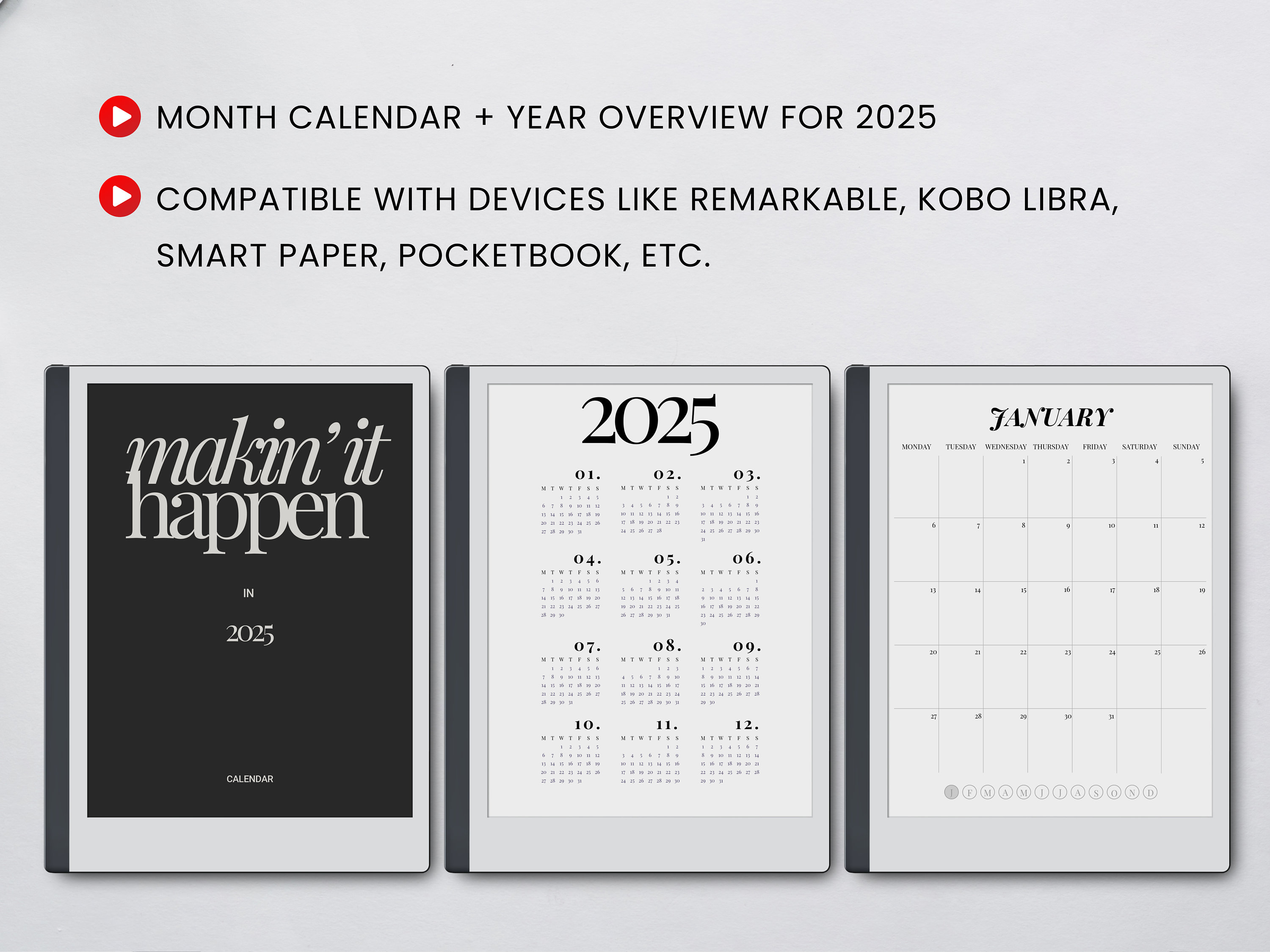 2025 Calendar Template for E-ink Tablet, Monthly Calendar, Paper Tablet ...