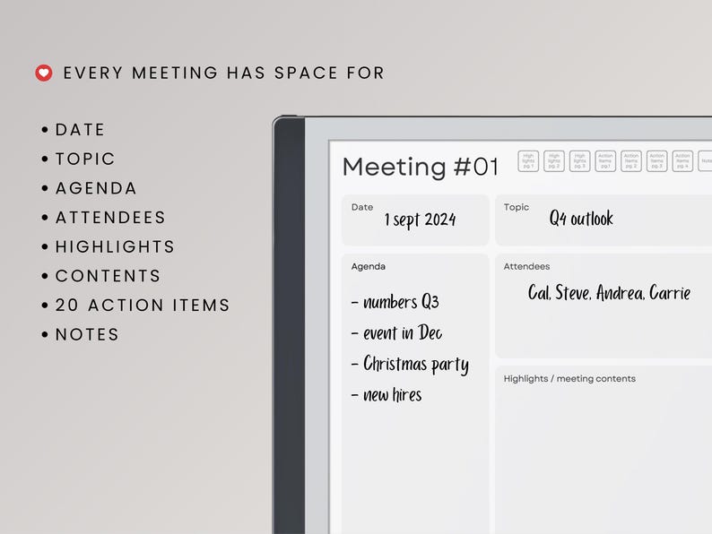 E-ink Tablet Meeting Book Template, Hyperlinked PDF - Etsy