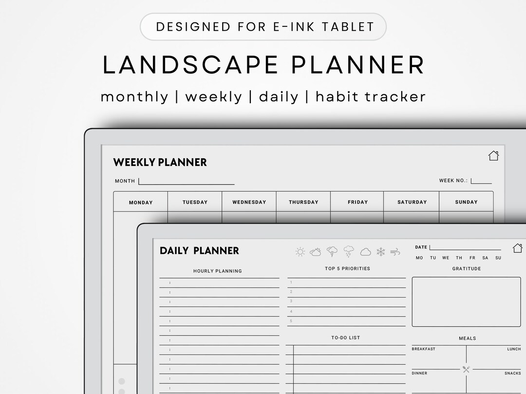 Landscape Planner for E-ink Tablet, Digital Horizontal Planner, Undated, Monthly, Weekly, Daily ...