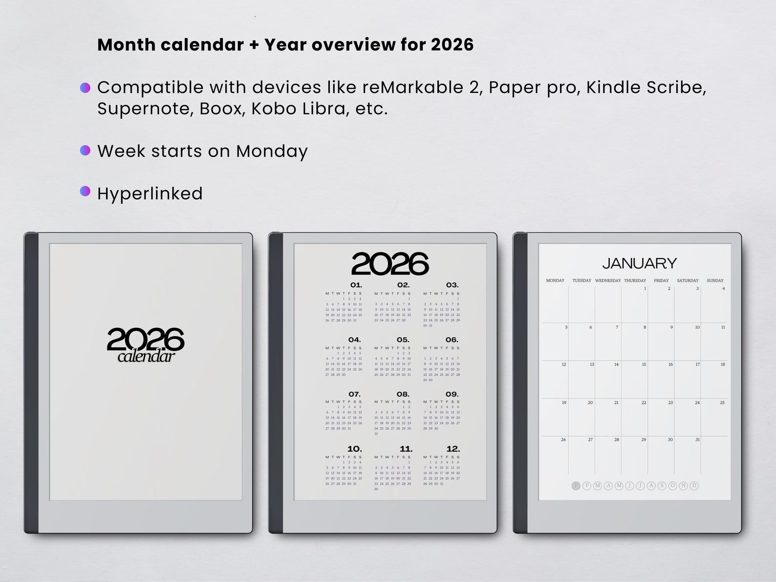 2026 Calendar Template for E-ink Tablet as Remarkable 2, Paper Pro ...