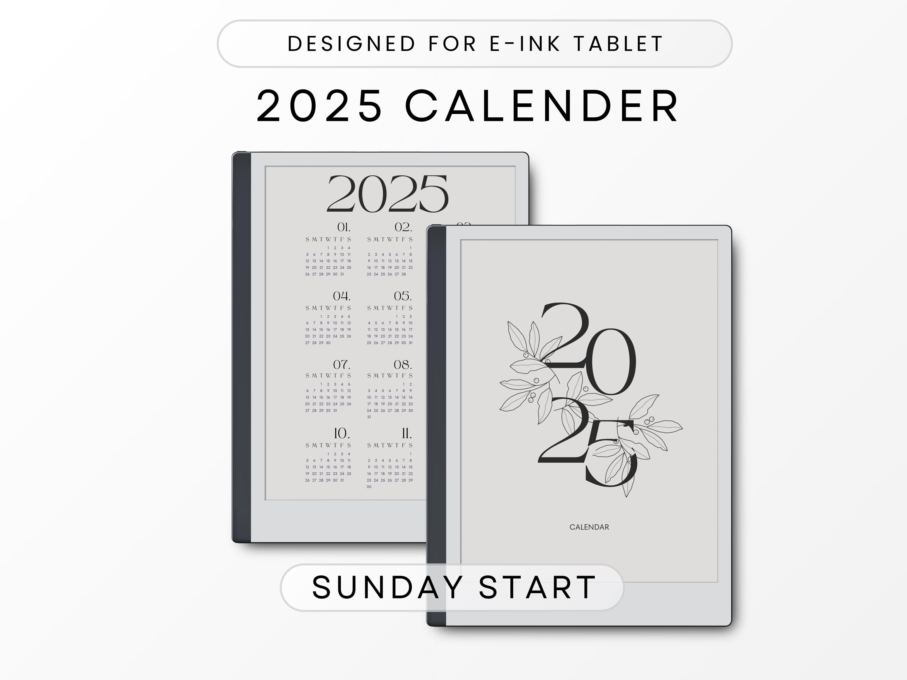2025 Calendar Template for E-ink Tablet, Sunday Week Start, Monthly ...