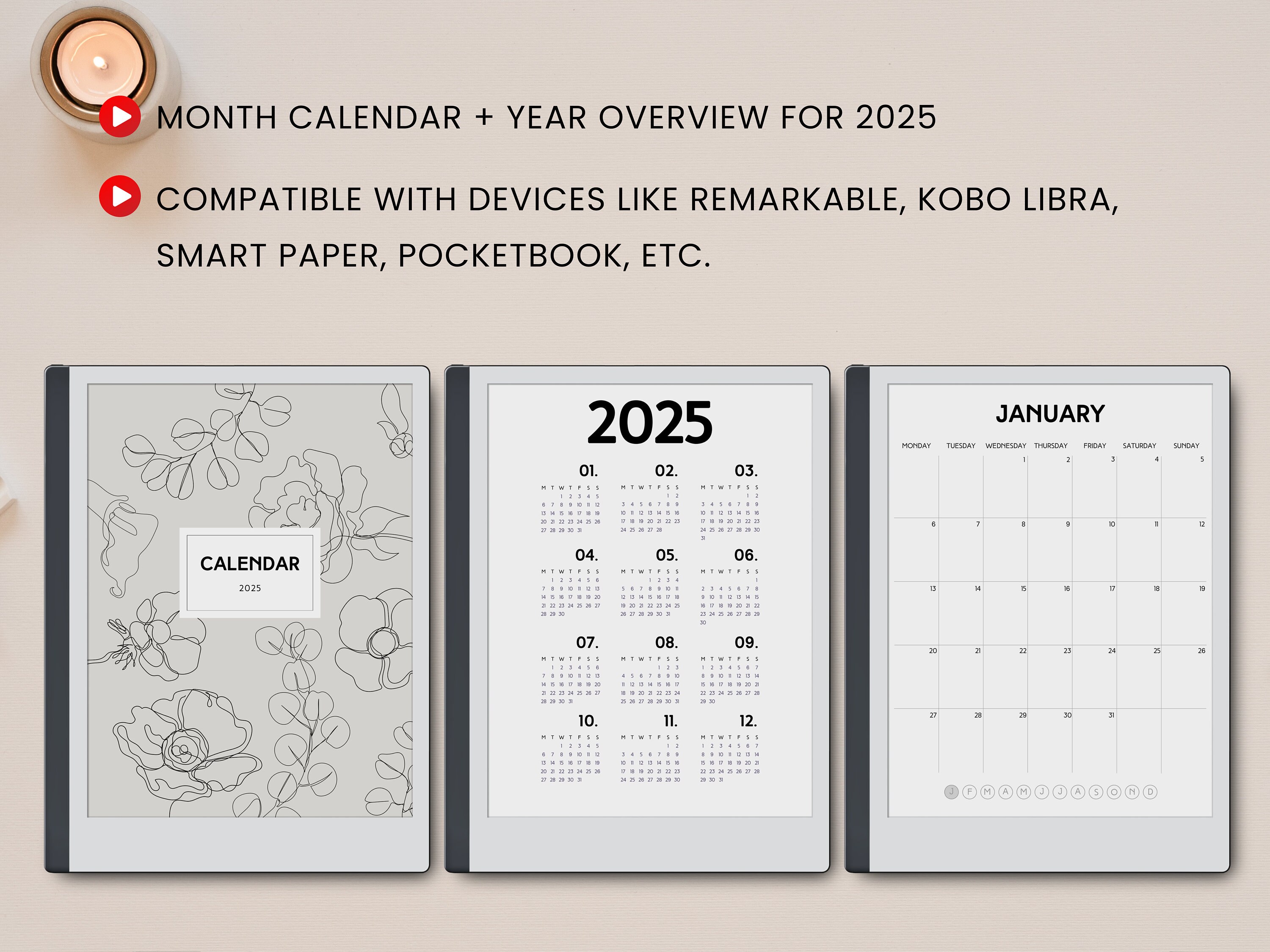 2025 Calendar Template for E-ink Tablet, Monthly Calendar, Paper Tablet ...