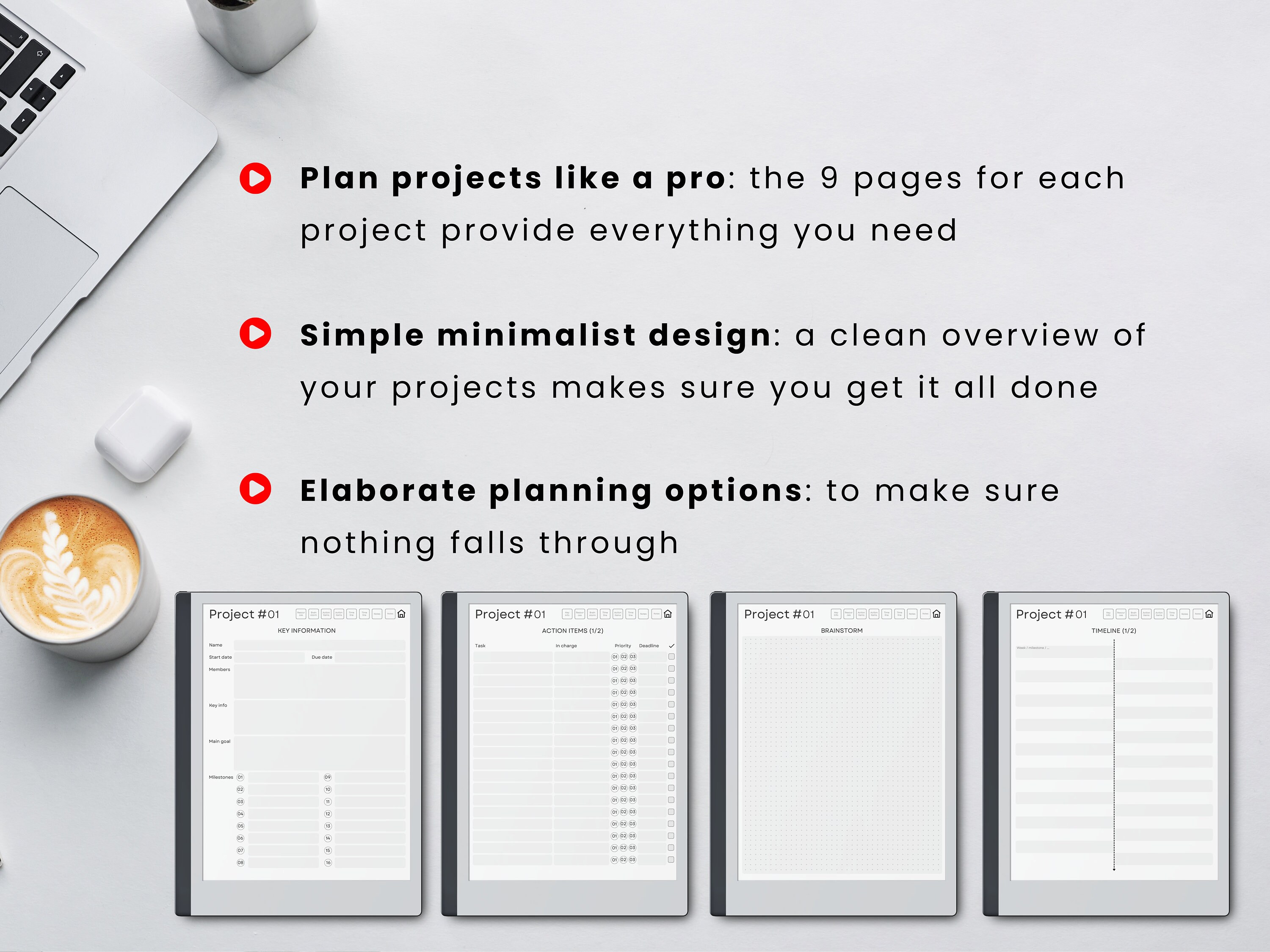 Project Planner Template for E-ink-tablet, Interactive PDF, Timeline ...