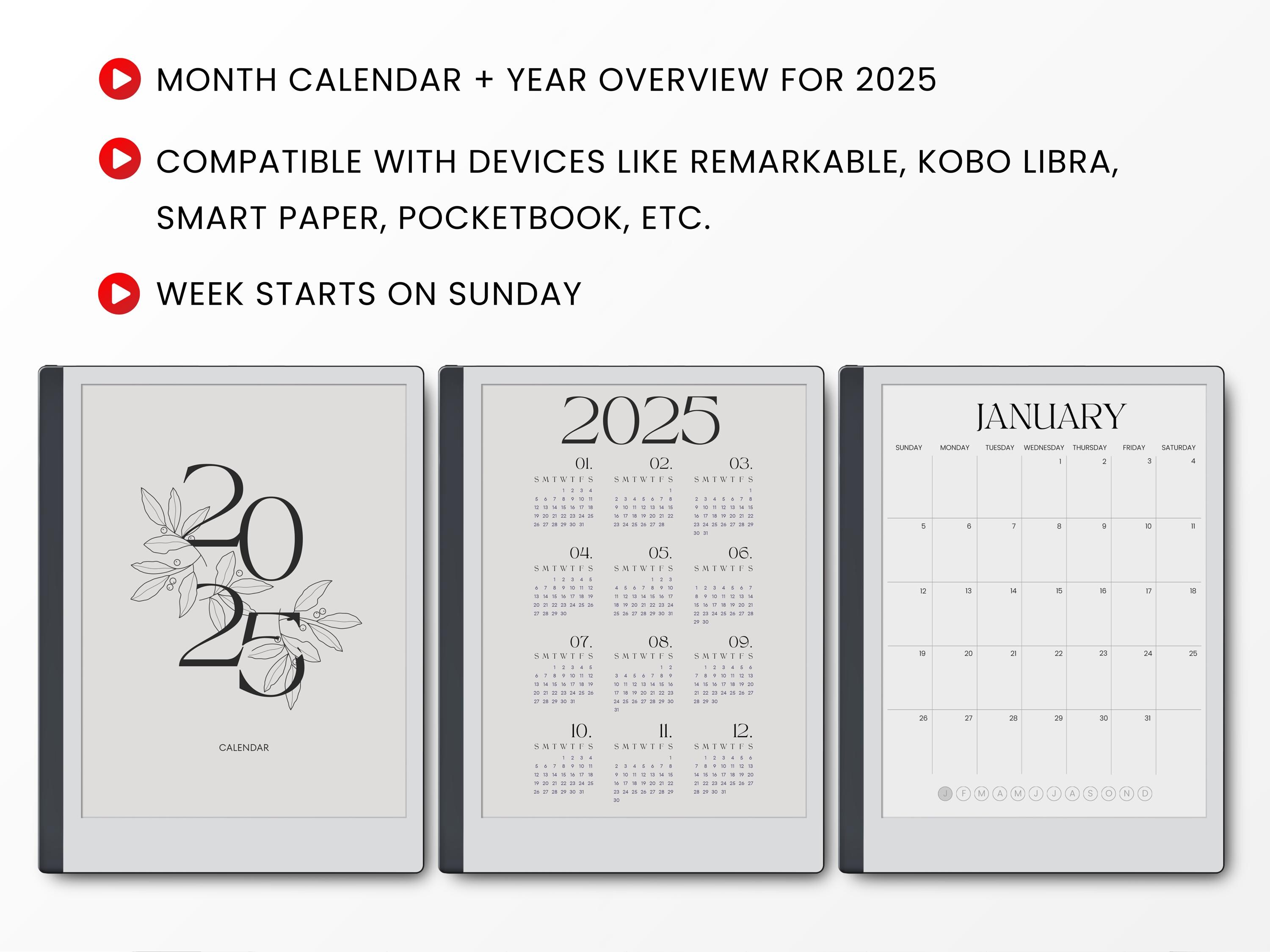 2025 Calendar Template for E-ink Tablet, Sunday Week Start, Monthly ...
