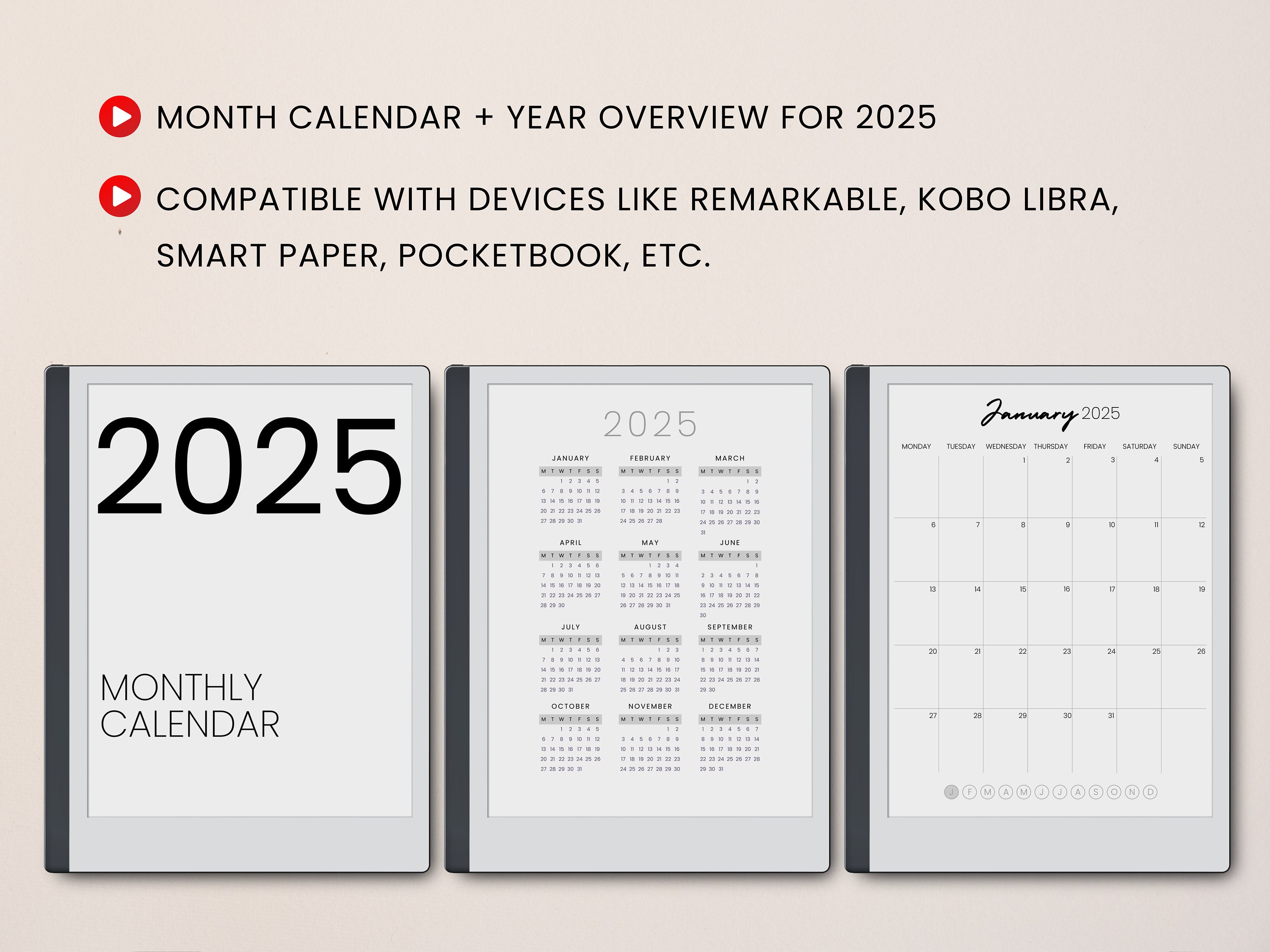 2025 Calendar Template for E-ink Tablet, Monthly Calendar, Paper Tablet ...