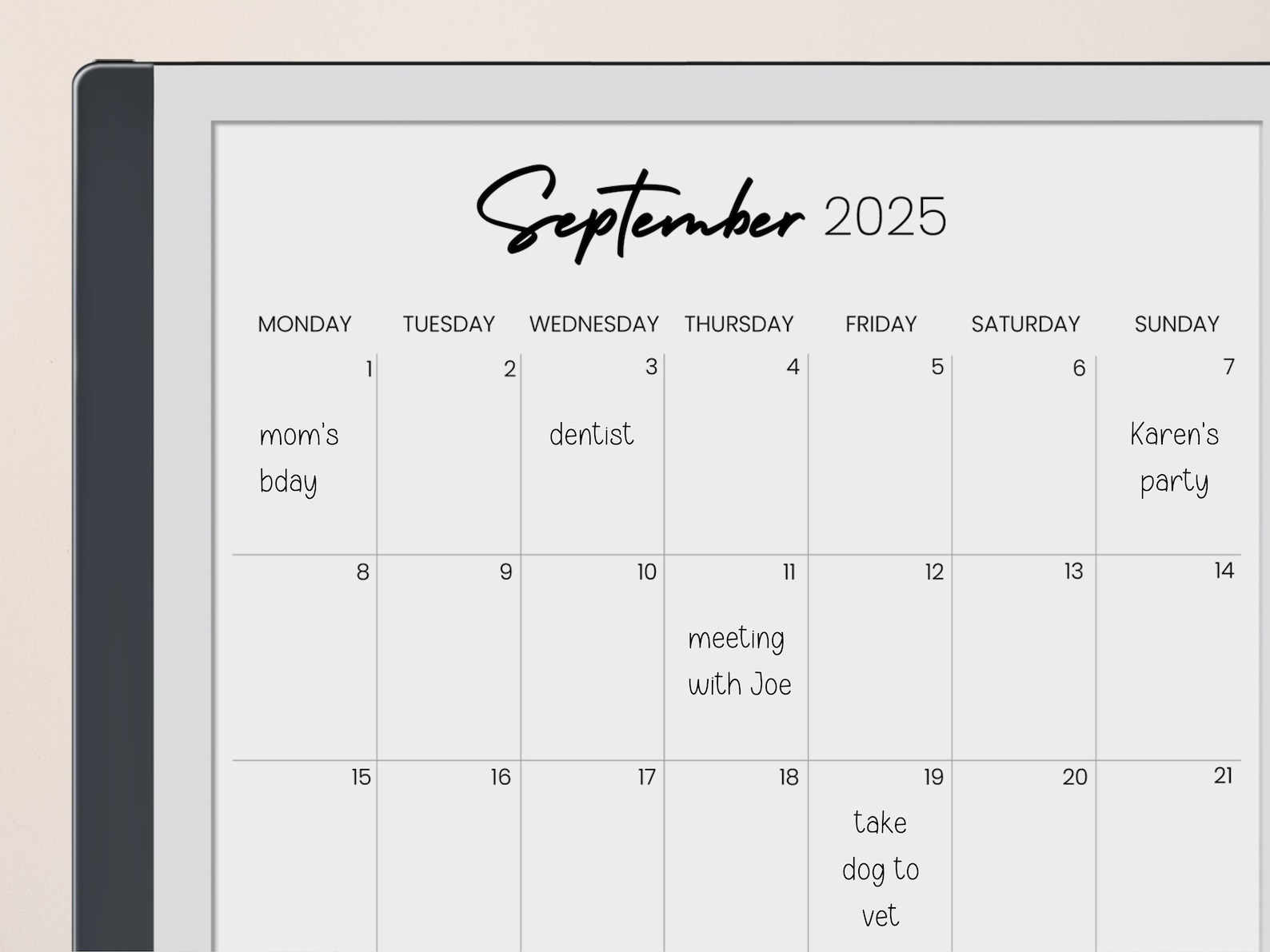 2025 Calendar Template for E-ink Tablet, Monthly Calendar, Paper Tablet ...