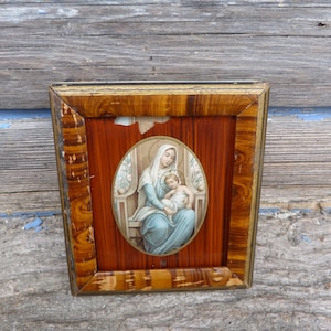 Vintage 1900 Old French Reliquary Religious Picture Frame Holy Virgin ...
