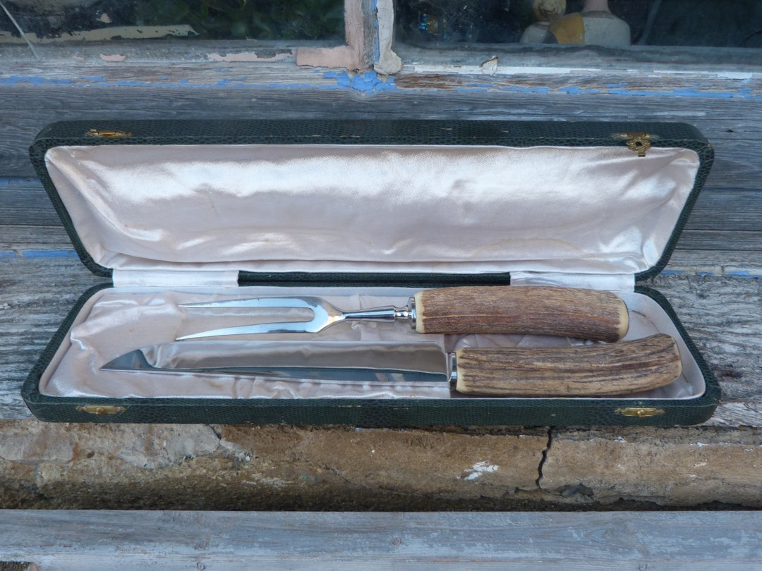 Vintage Antique French Stag Horn Handle 2 Piece Cutlery Set Fork and ...