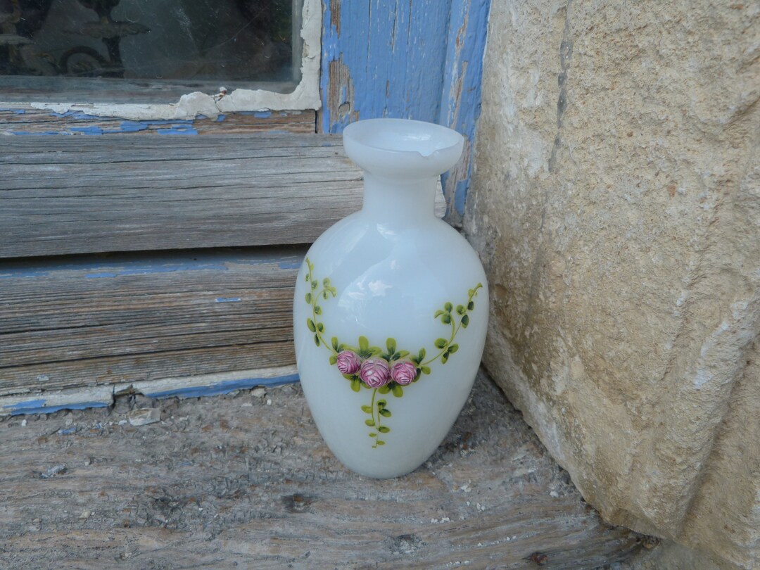 Vintage Antique 1900/1930 French Opaline With Reliefed Roses Glass Vase ...