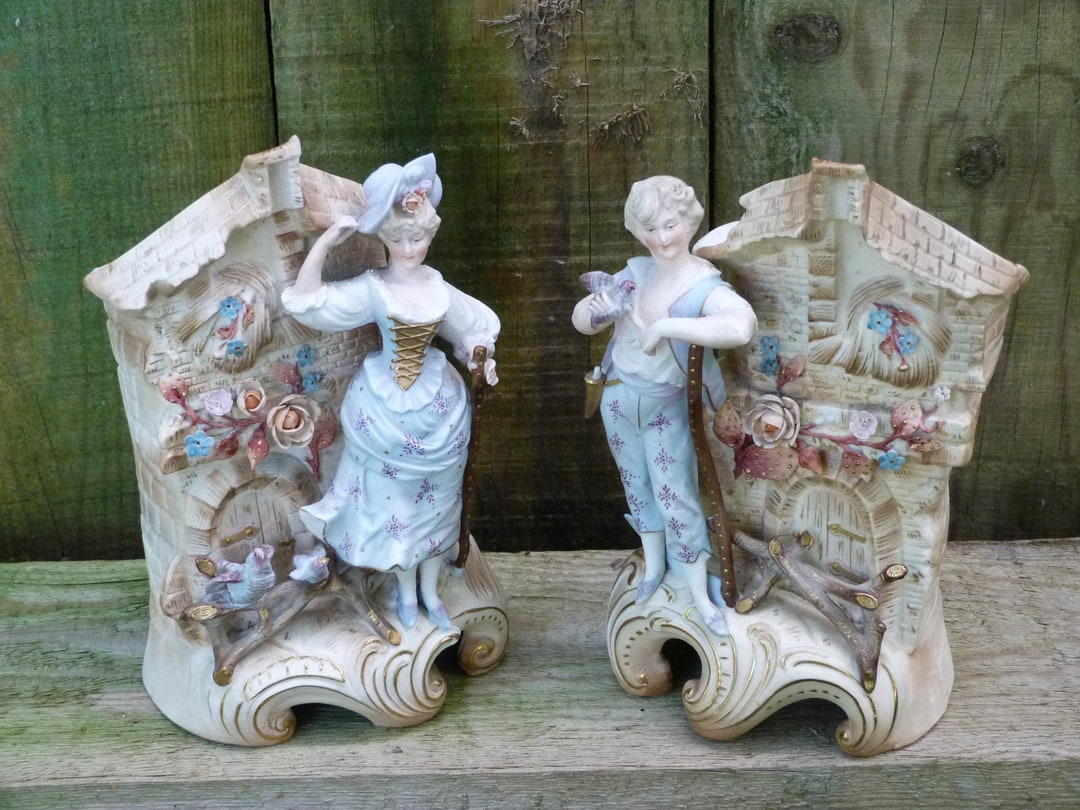 Vintage Antique Old German Bisque Pair of Vases Bouquetière Biscuit ...