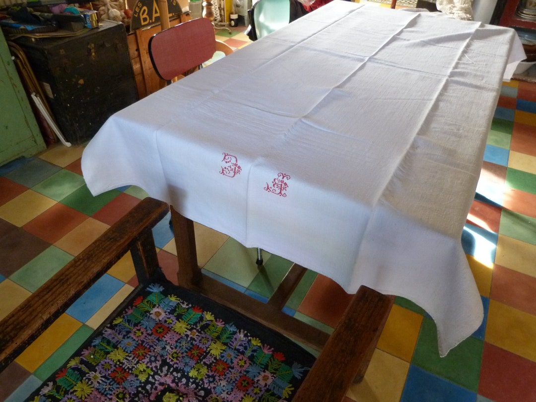 Vintage Antique French 1900 Heavy Linen Rectangular Tablecloth Woven ...