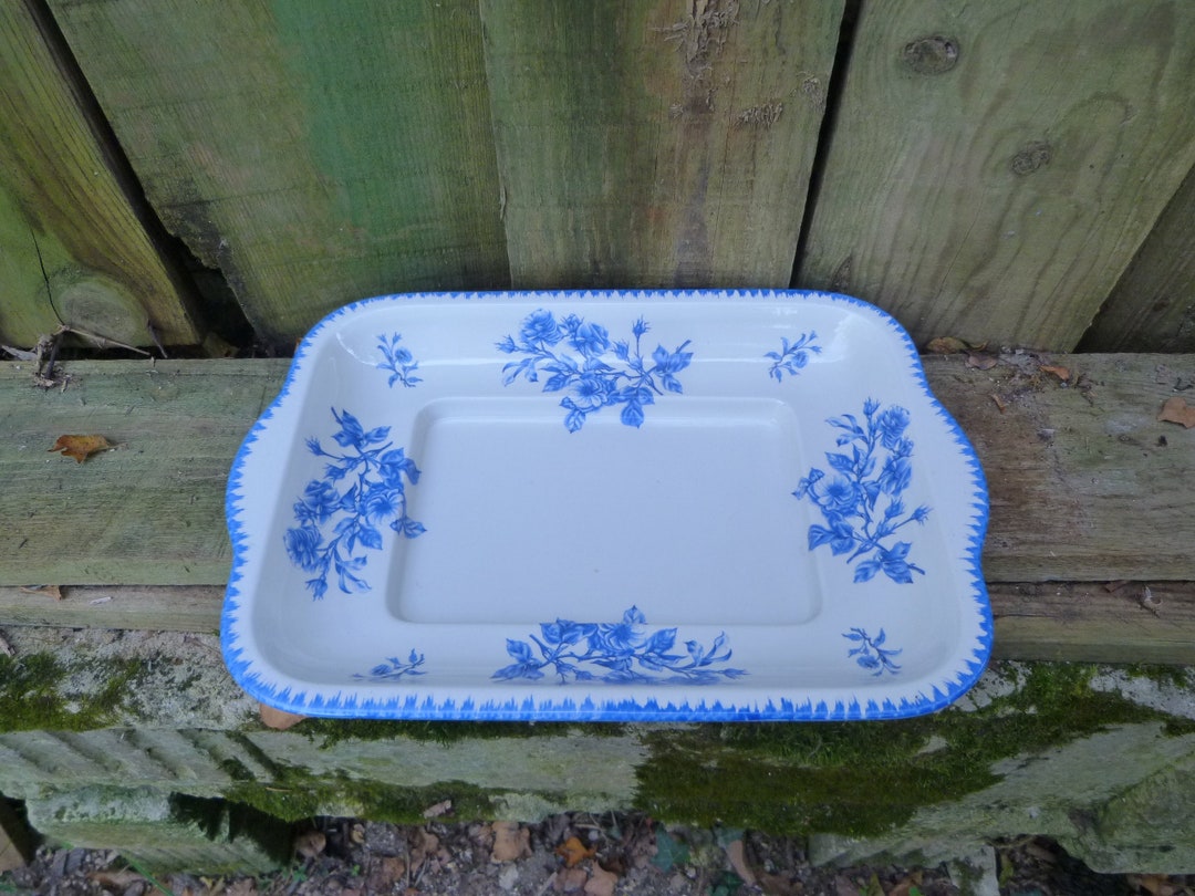 Vintage Old French Blue Floral Faïence Large Rectangular Deep Platter ...