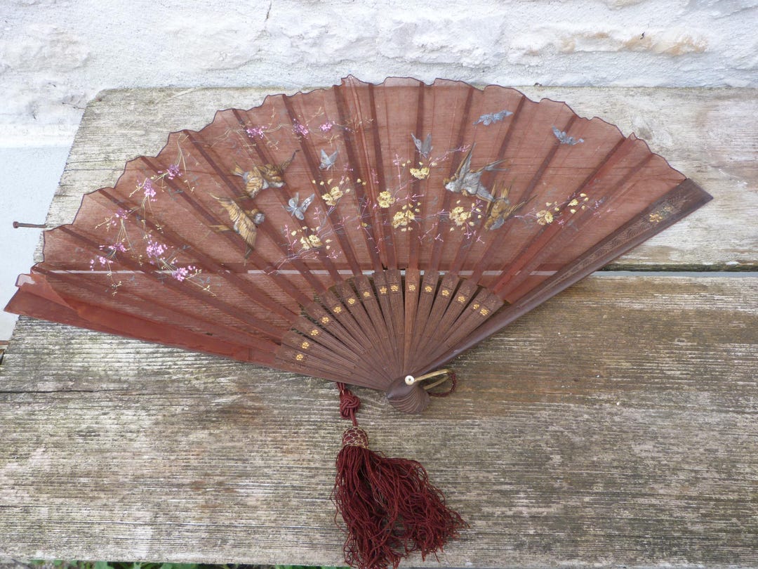 Victorian Old French Hand Painted Folding Fan With Birds Butterflies ...