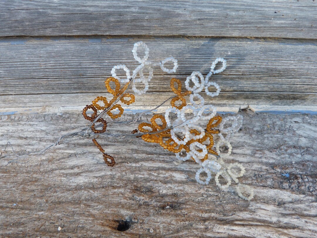 Vintage Old French Seeds Glass Beads Branches Sheer Mustard White Batch ...